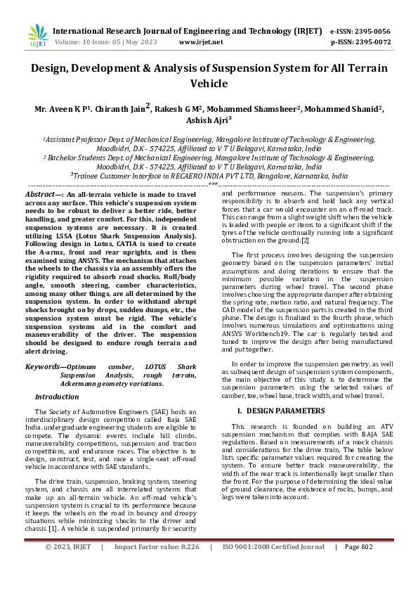 (PDF) Design, Development & Analysis of Suspension System for All Terrain Vehicle