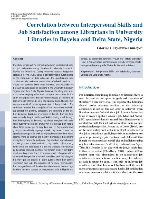 (PDF) Correlation between Interpersonal Skills and Job Satisfaction ...