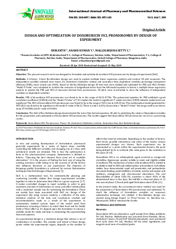 Pdf Design And Optimization Of Doxorubicin Hcl Proniosomes By Design Of Experiment Original