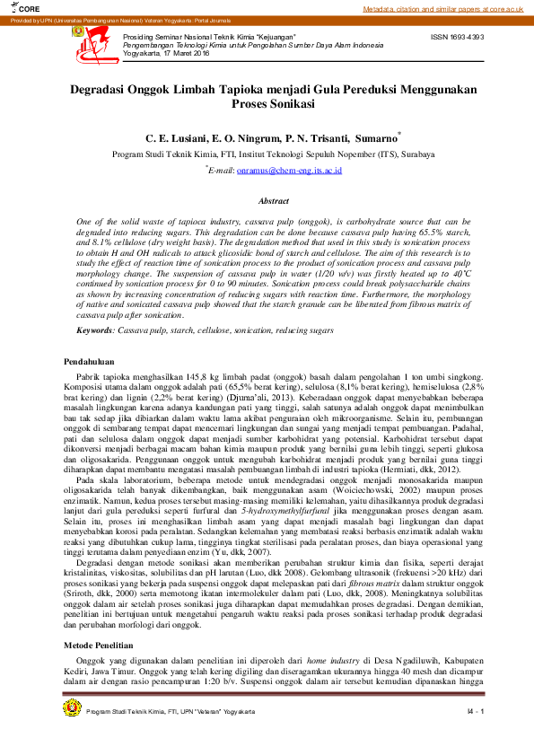 (PDF) Degradasi Onggok Limbah Tapioka menjadi Gula Pereduksi Menggunakan Proses Sonikasi