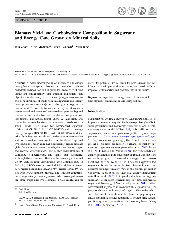 (PDF) Biomass Yield and Carbohydrate Composition in Sugarcane and ...