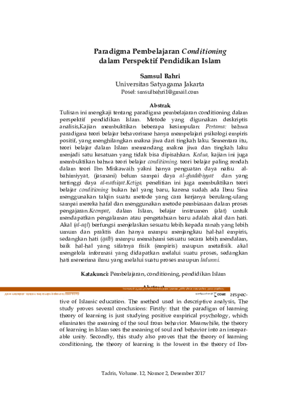 (PDF) Paradigma Pembelajaran Conditioning dalam Perspektif Pendidikan Islam | samsul bahri ...