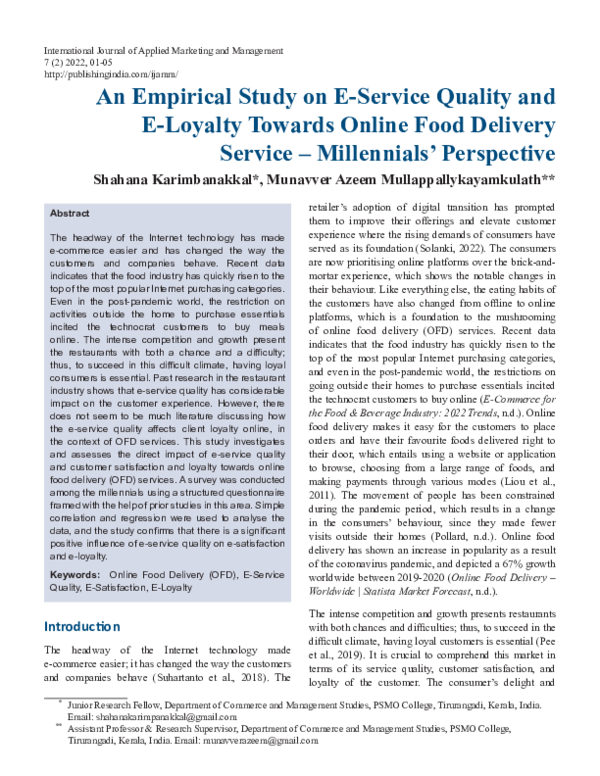 (PDF) An Empirical Study on E-Service Quality and E-Loyalty Towards Online Food Delivery Service ...