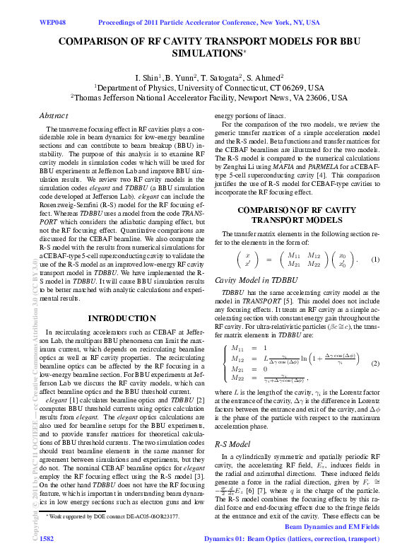 (PDF) Comparison of RF Cavity Transport Models for BBU Simulations