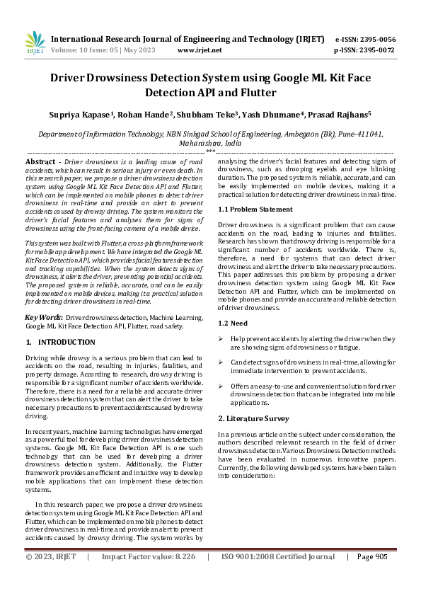 (PDF) Driver Drowsiness Detection System using Google ML Kit Face Detection API and Flutter