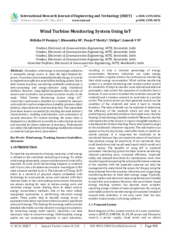 (PDF) Wind Turbine Monitoring System Using IoT