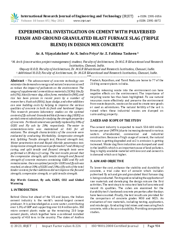 (PDF) EXPERIMENTAL INVESTIGATION ON CEMENT WITH PULVERISED FLYASH AND ...