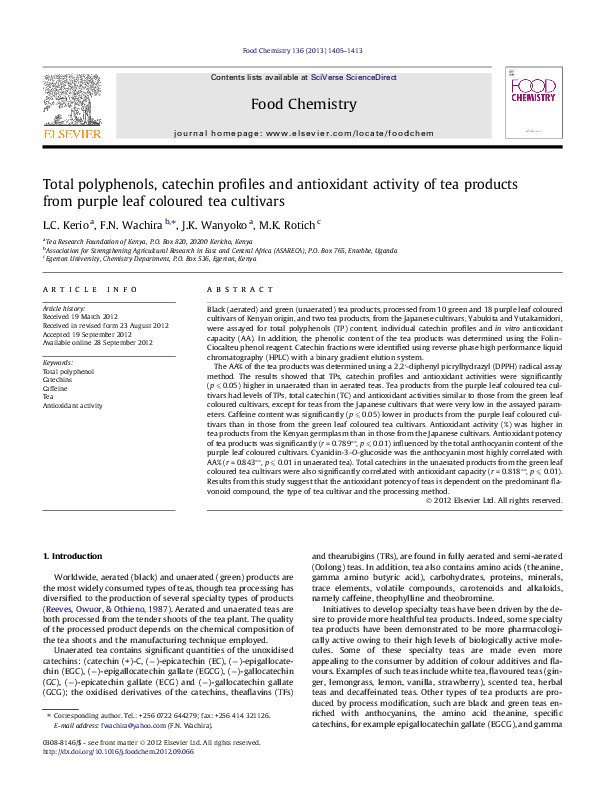 (PDF) Total polyphenols, catechin profiles and antioxidant activity of tea products from purple ...