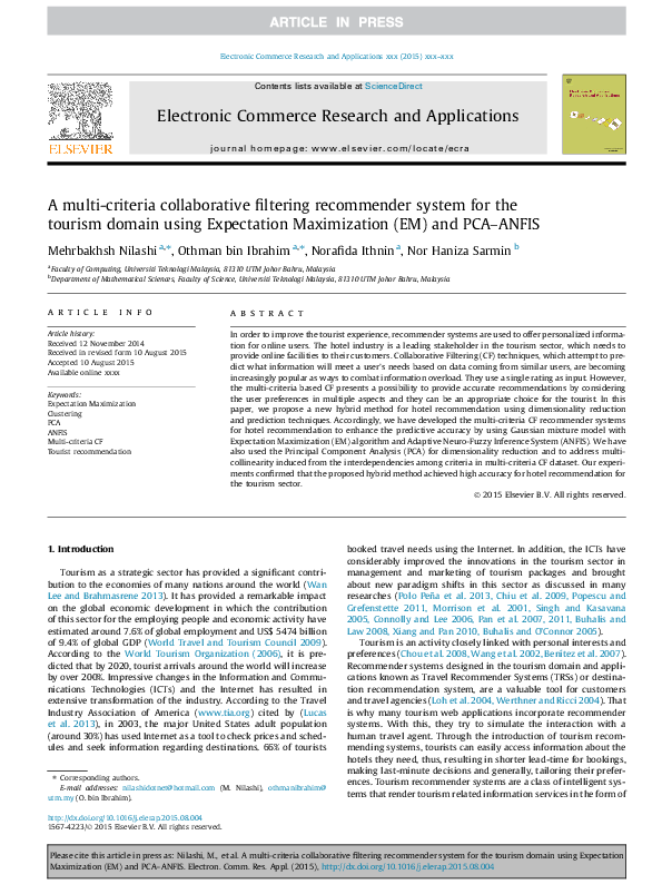 Pdf A Multi Criteria Collaborative Filtering Recommender System For The Tourism Domain Using