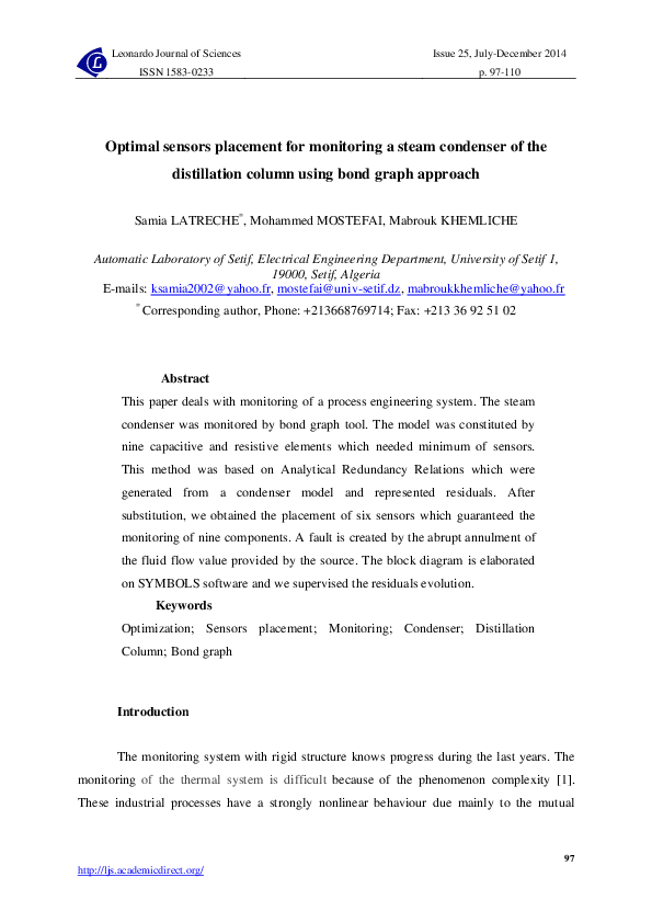 (PDF) Optimal sensors placement for monitoring a steam condenser of the distillation column ...