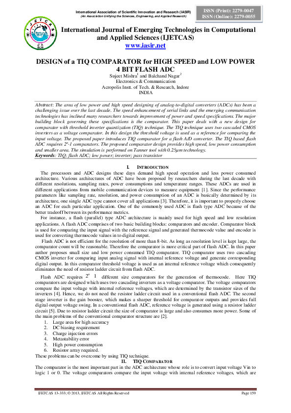 (PDF) DESIGN of a TIQ COMPARATOR for HIGH SPEED and LOW POWER 4 BIT ...