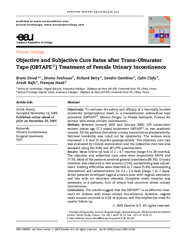 (PDF) Objective and Subjective Cure Rates after Trans-Obturator Tape ...