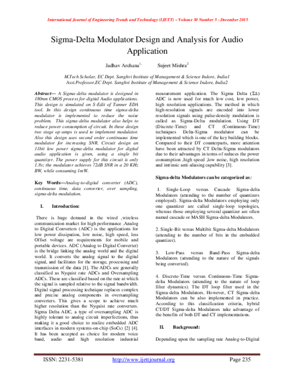 Pdf Sigma Delta Modulator Design And Analysis For Audio Application