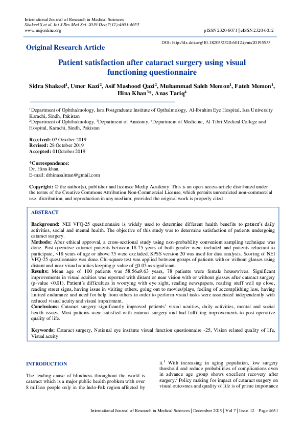 (PDF) Patient satisfaction after cataract surgery using visual ...