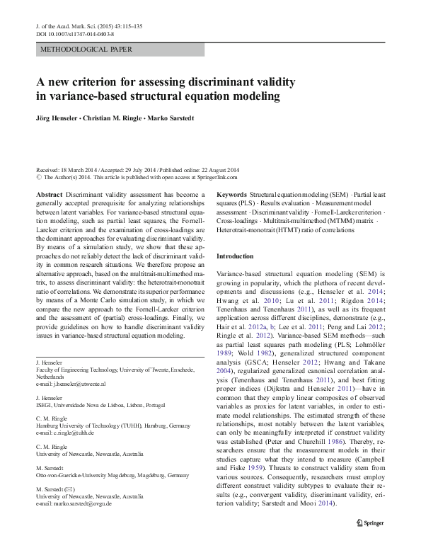 (PDF) A new criterion for assessing discriminant validity in variance-based structural equation ...
