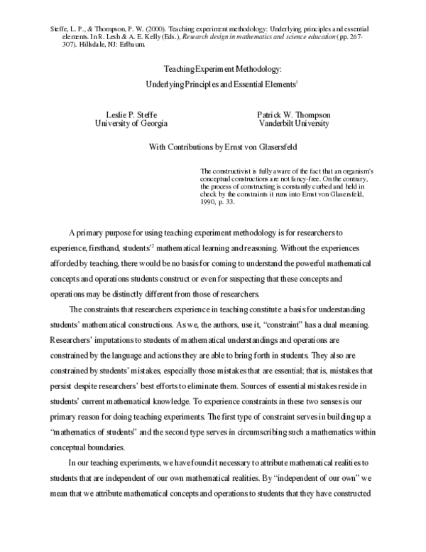 (PDF) Teaching experiment methodology: Underlying principles and essential elements