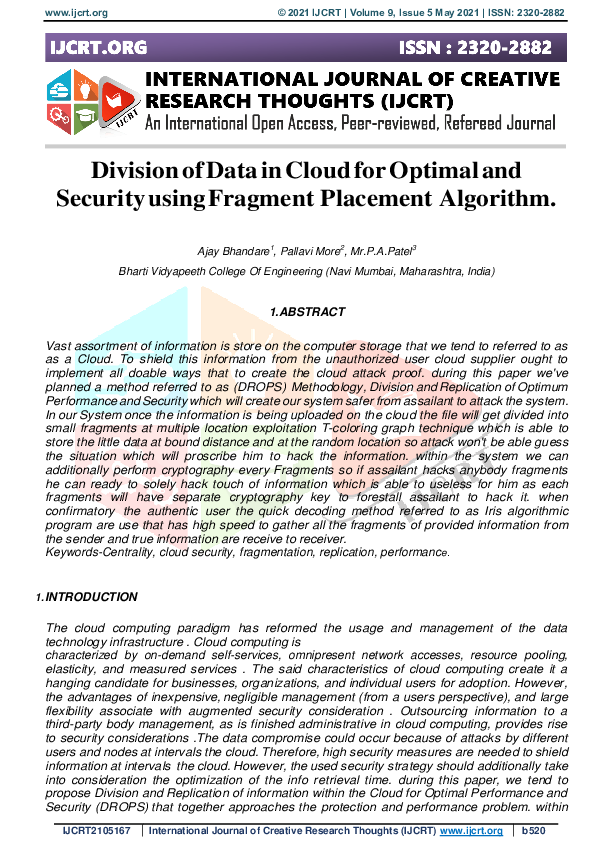 (PDF) Division of Data in Cloud for Optimal and Security using Fragment Placement Algorithm