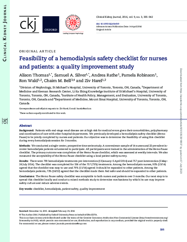 (PDF) Feasibility of a hemodialysis safety checklist for nurses and ...