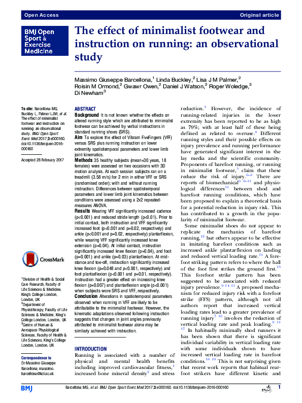 (PDF) The effect of minimalist footwear and instruction on running: an ...