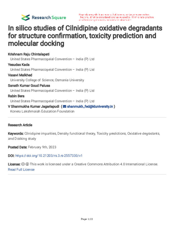 (PDF) In silico studies of Cilnidipine oxidative degradants for structure confirmation, toxicity ...