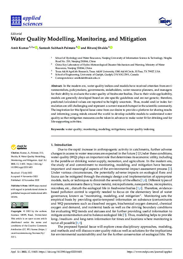 (PDF) Water Quality Modelling, Monitoring, and Mitigation