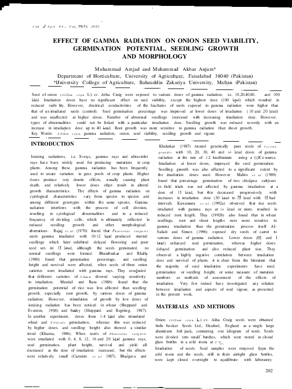 (PDF) Effect of gamma radiation on onion seed viability, germination potential, seedling growth ...