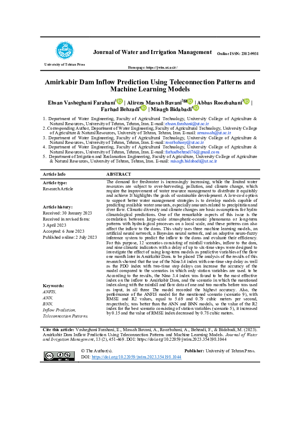 (PDF) Amirkabir Dam Inflow Prediction Using Teleconnection Patterns and Machine Learning Models