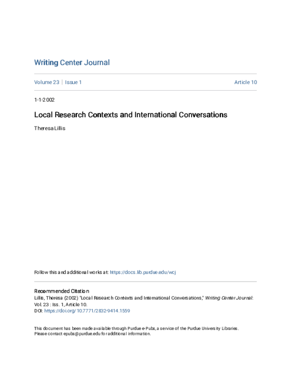(PDF) Local Research Contexts and International Conversations
