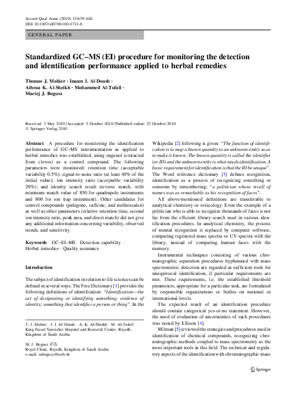 (PDF) Standardized GC–MS (EI) procedure for monitoring the detection ...