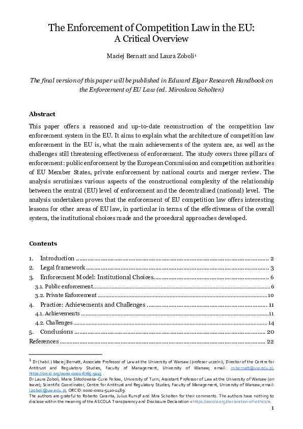 (PDF) The Enforcement of Competition Law in the EU: A Critical Overview