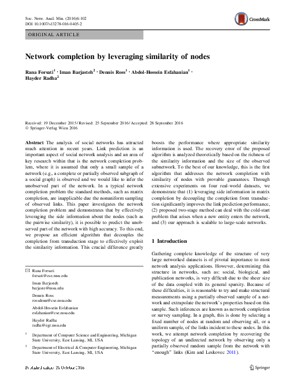 (PDF) Network completion by leveraging similarity of nodes