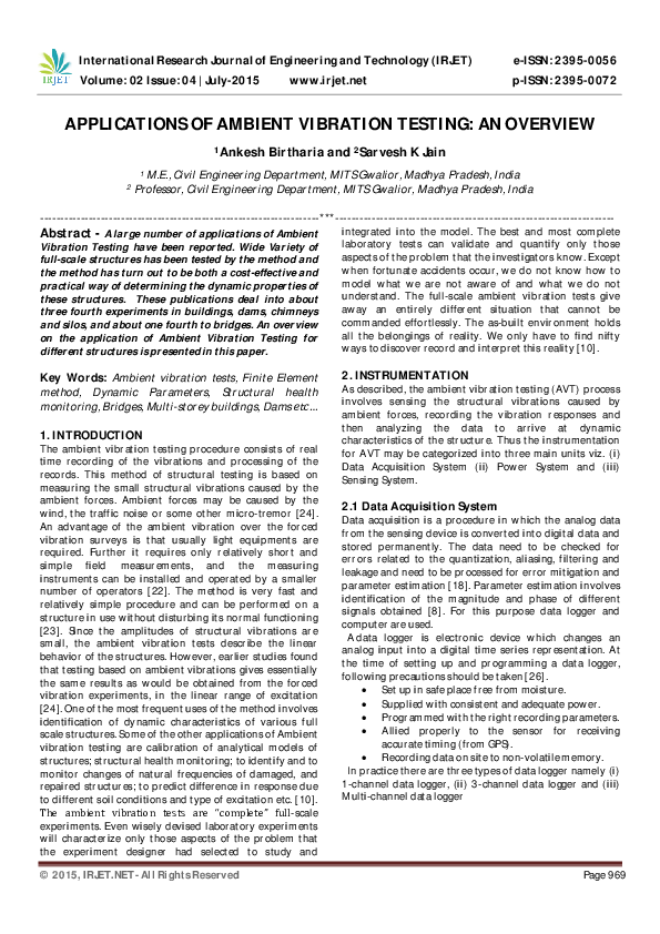 (PDF) Applications of Ambient Vibration Testing: An Overview