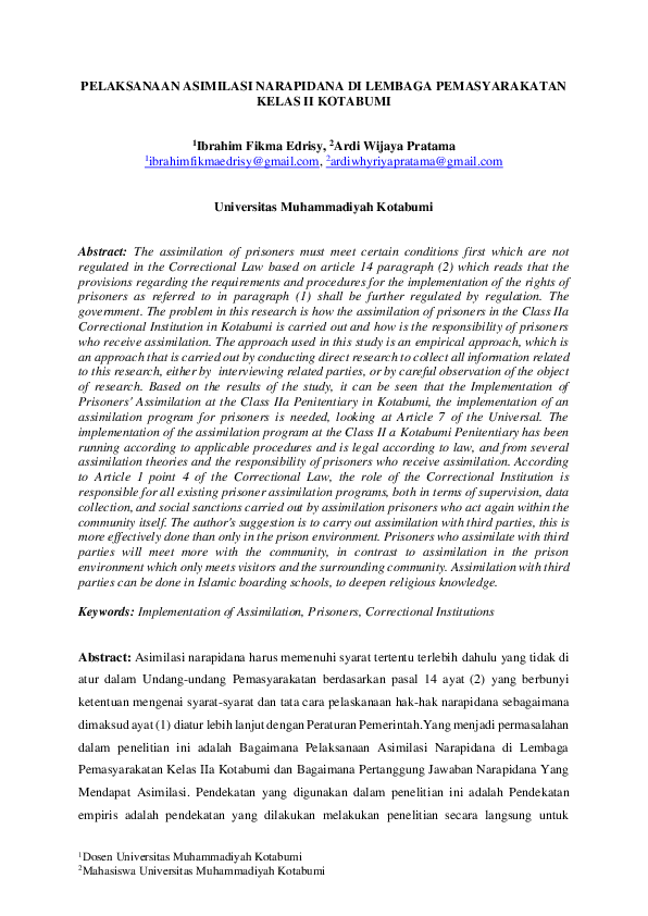 (PDF) Pelaksanaan Asimilasi Narapidana DI Lembaga Pemasyarakatan Kelas II Kotabumi | Ibrahim ...