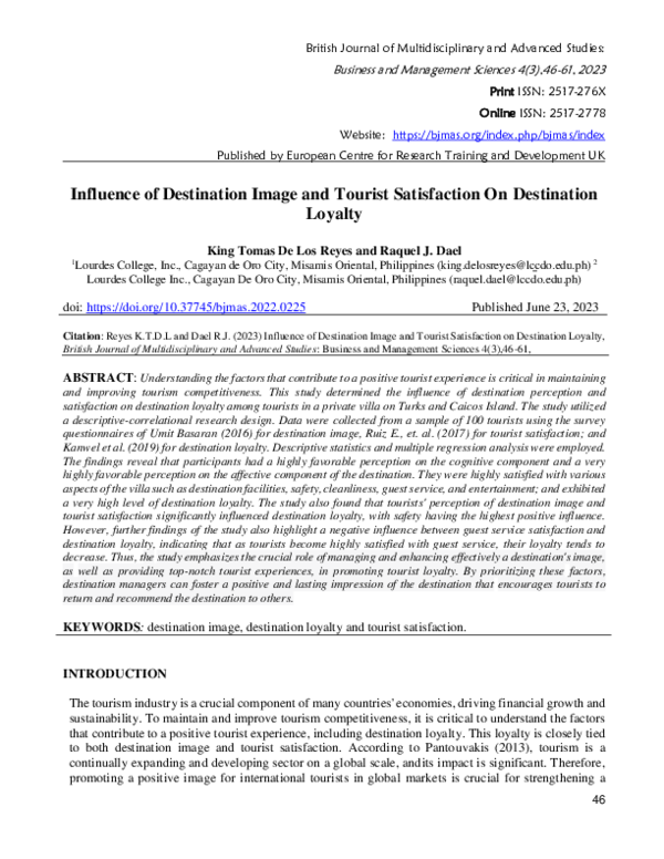 Pdf Influence Of Destination Image And Tourist Satisfaction On Destination Loyalty