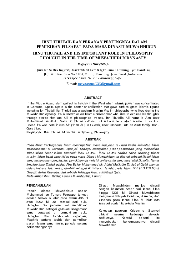 (DOC) IBNU THUFAIL DAN PERANAN PENTINGNYA DALAM PEMIKIRAN FILSAFAT PADA ...