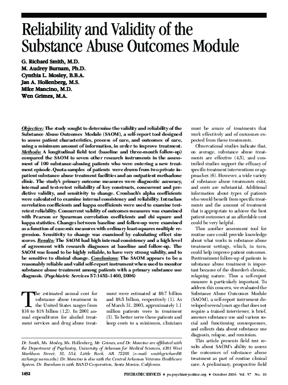 (PDF) Reliability and Validity of the Substance Abuse Outcomes Module