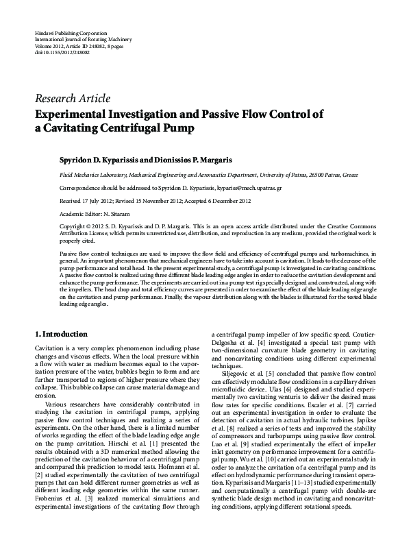 (PDF) Experimental Investigation and Passive Flow Control of a Cavitating Centrifugal Pump