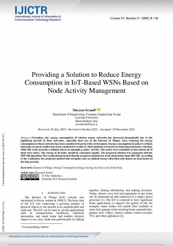 Pdf Providing A Solution To Reduce Energy Consumption In Iot Based Wsns Based On Node Activity