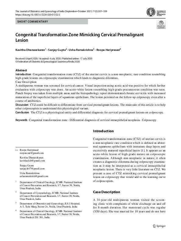 (PDF) Congenital Transformation Zone Mimicking Cervical Premalignant Lesion