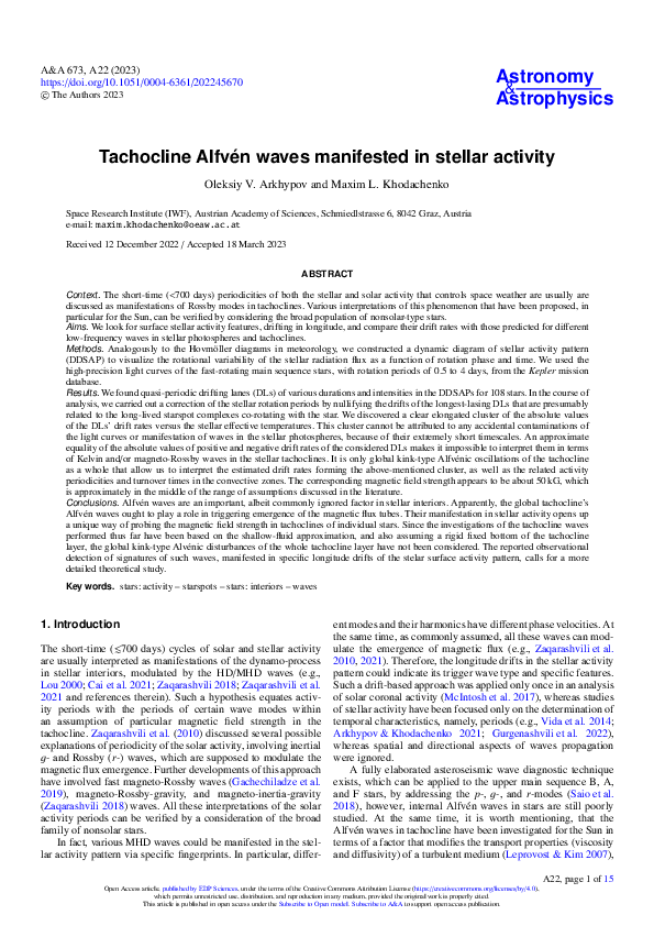 (PDF) Tachocline Alfvén waves manifested in stellar activity