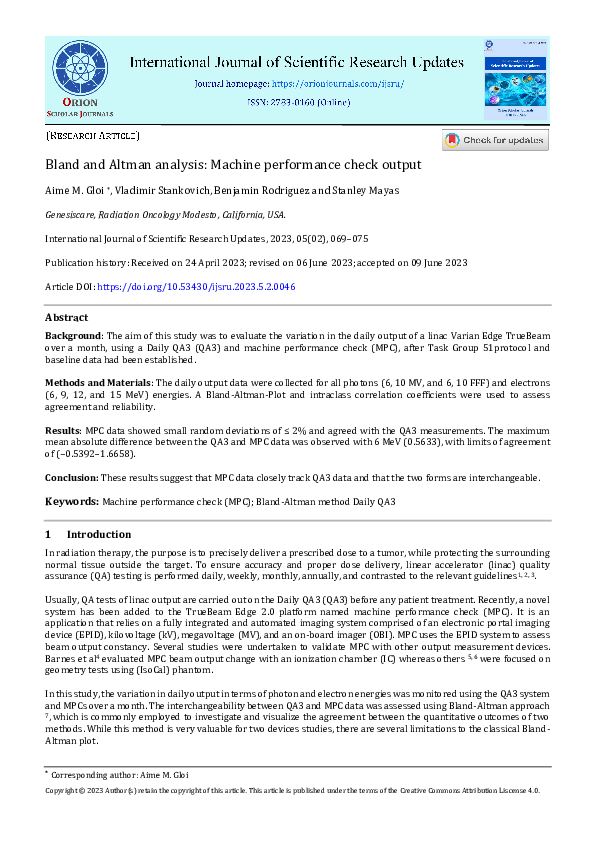 (PDF) Bland and Altman analysis: Machine performance check output