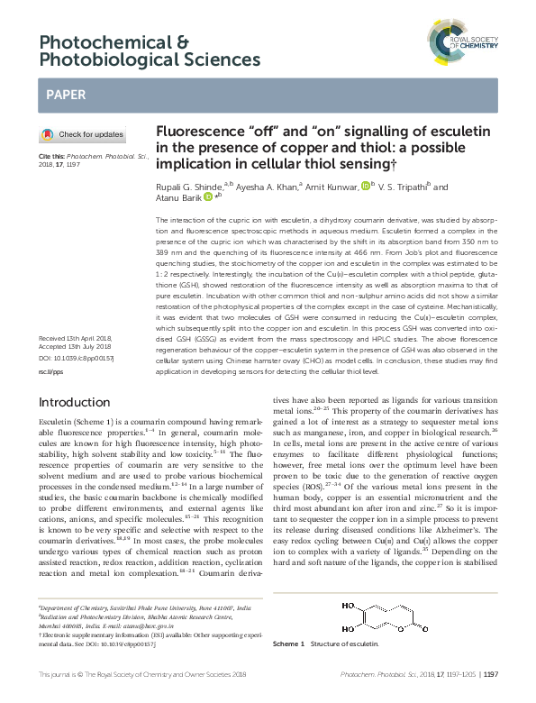 (PDF) Fluorescence "off" and "on" signalling of esculetin in the ...
