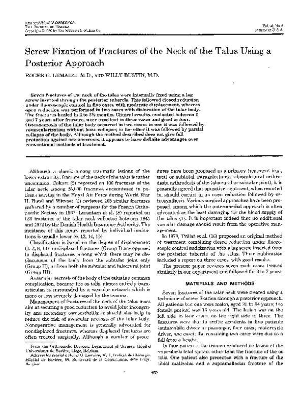 (PDF) Screw Fixation of Fractures of the Neck of the Talus Using a ...
