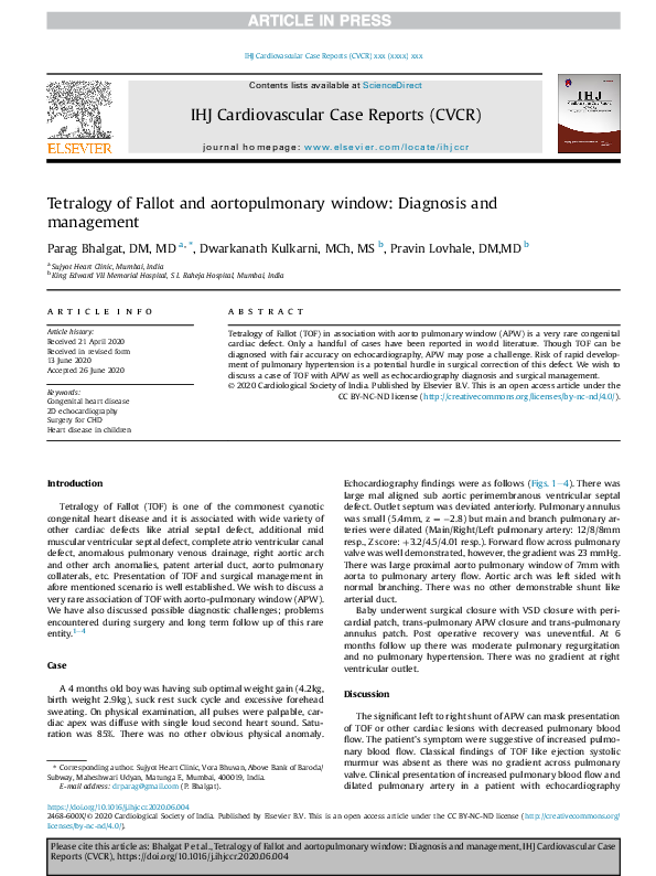 (PDF) Tetralogy of Fallot and aortopulmonary window: Diagnosis and management