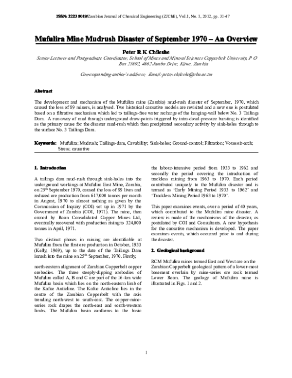 (PDF) Mufulira Mine Mudrush Disaster of September 1970 – An Overview