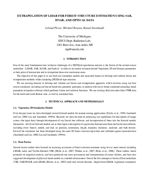 (PDF) Extrapolation of LiDAR for forest structure estimation using SAR, InSAR, and optical data