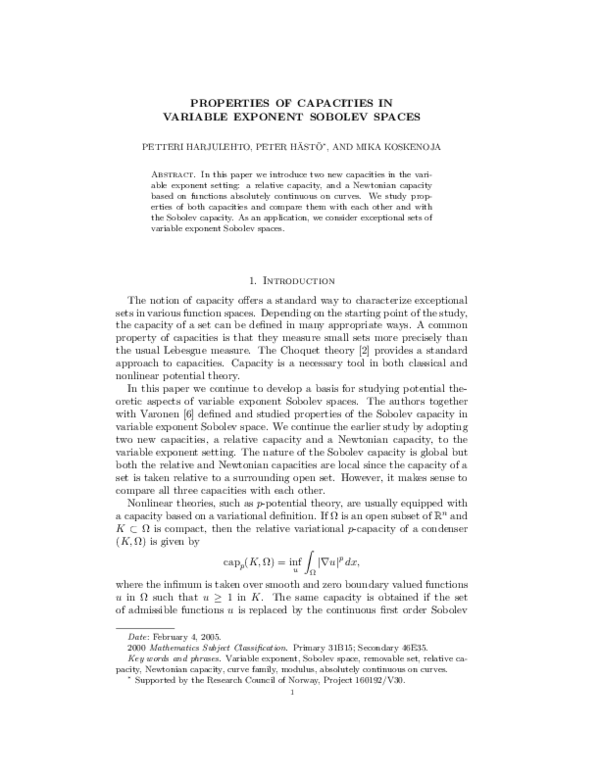 Pdf Properties Of Capacities In Variable Exponent Sobolev Spaces