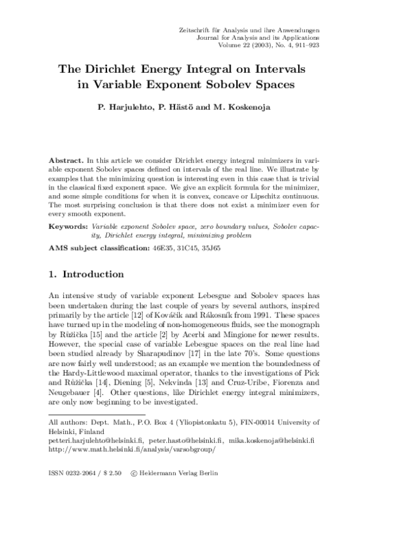 (PDF) The Dirichlet Energy Integral on Intervals in Variable Exponent Sobolev Spaces | Mika ...
