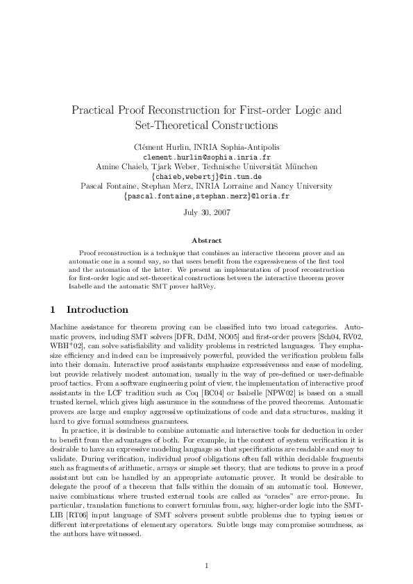 (PDF) Practical proof reconstruction for first-order logic and set-theoretical constructions