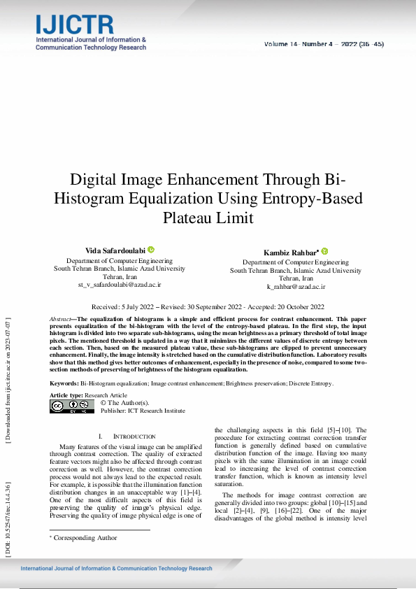 Pdf Digital Image Enhancement Through Bi Histogram Equalization Using Entropy Based Plateau 